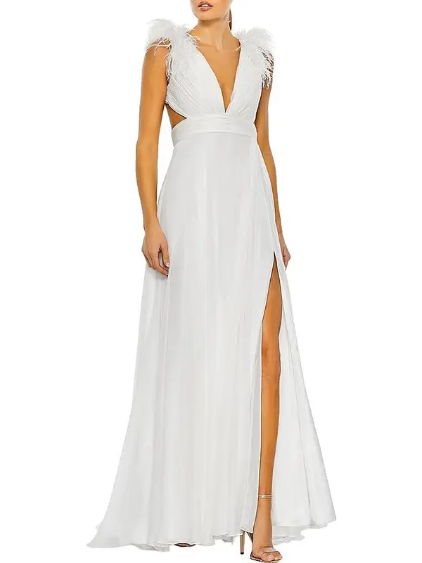 Mac Duggal Ieena Feather Cut Out Long Dress - White