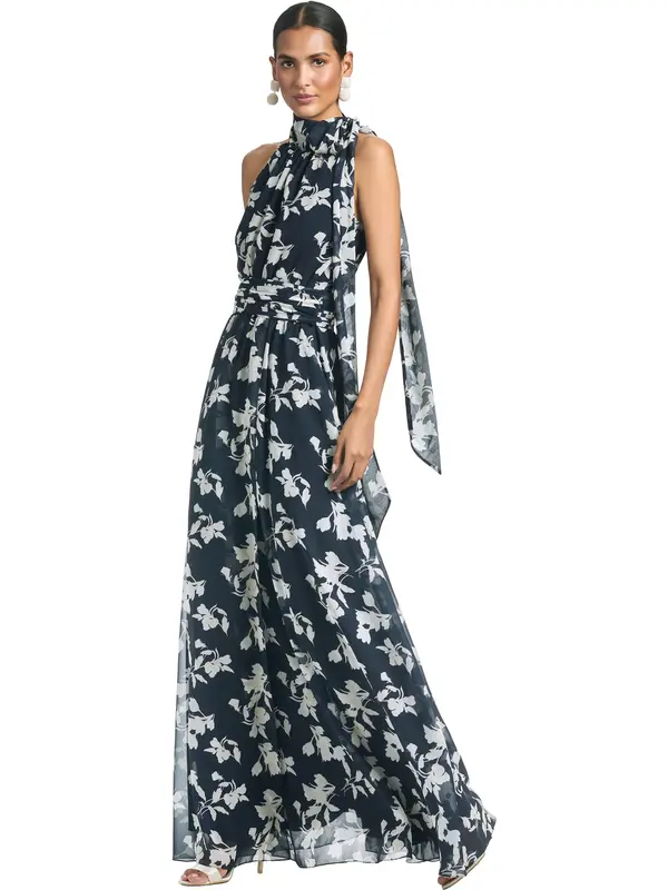 Sachin & Babi Kayla Printed Poly Chiffon Gown - Navy Venetia Petal