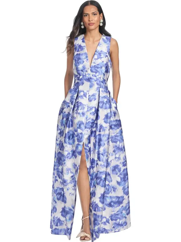 Sachin & Babi Brooke Printed Gown - Azure Watercolor Floral