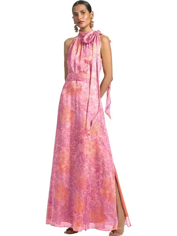 Sachin & Babi Kayla Printed Gown With Tie Neck - Pastel Sunset Hydrangea