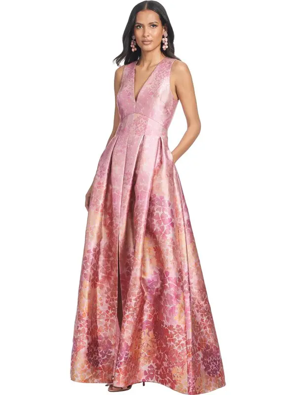 Sachin & Babi Brooke Floral Mikado V-neck Ball Gown - Light Sunset Hydrangea