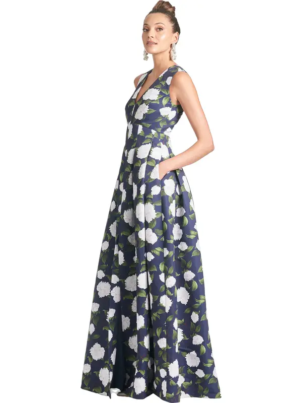 Sachin & Babi Printed V-neck Gown With Pockets - Navy/ivory Moonlit Garden