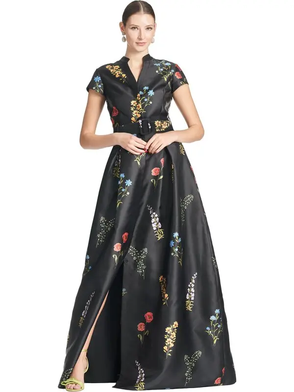 Sachin & Babi Marta Printed Mikado Gown - Noir Bouquet