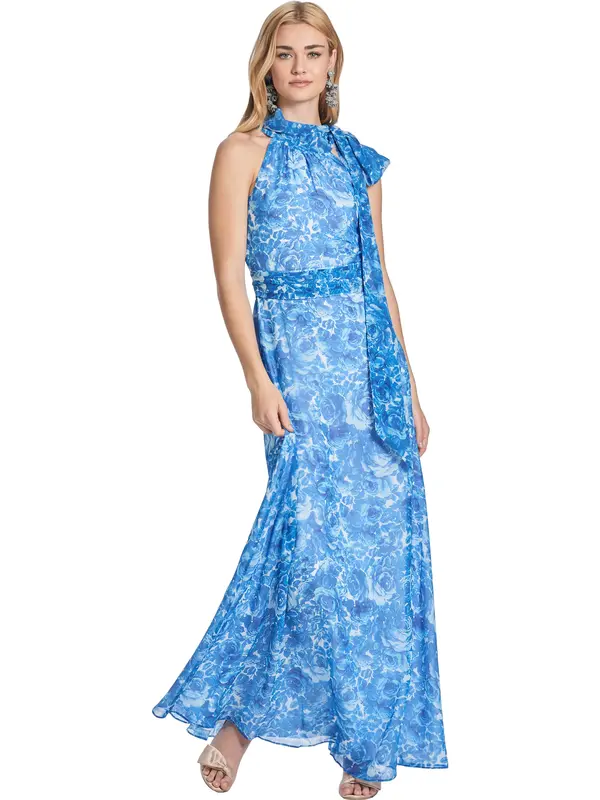 Sachin & Babi Kayla Printed Gown With Neck Tie - Mediterranean Blooms