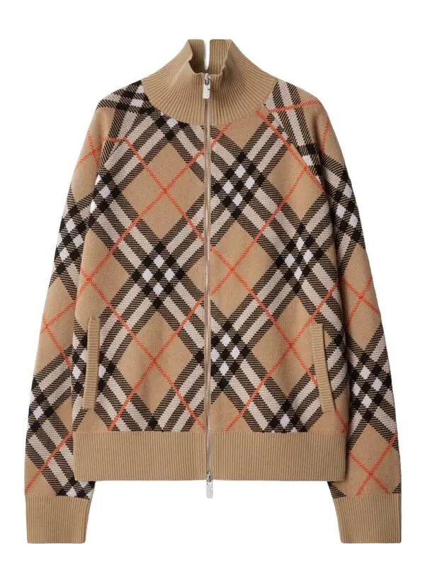 Burberry Check Wool Mohair Blend Zip-up Jacket - Sand Beige
