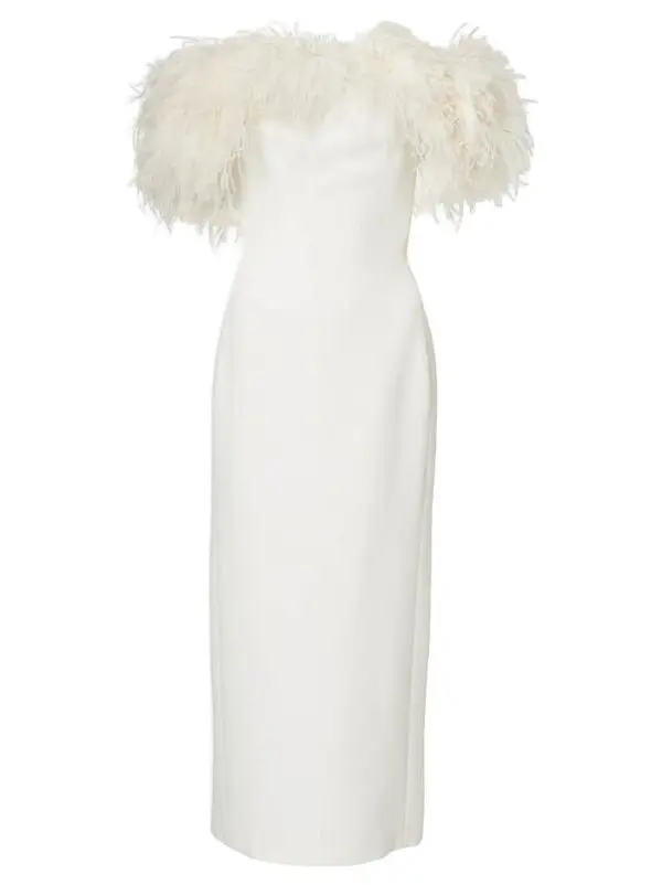David Koma Bridal Feather-trimmed Midi Dress - White