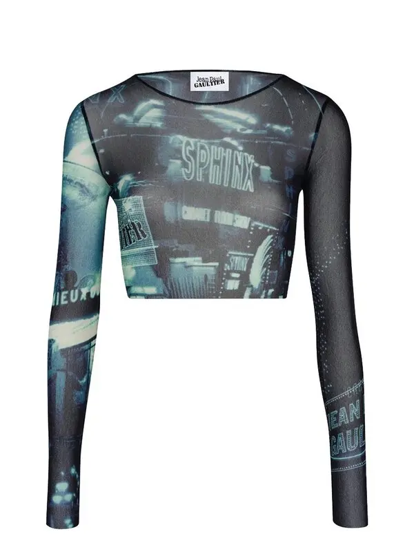 JEAN PAUL GAULTIER Mesh Long Sleeve Crop Top - Blue Pigalle Print
