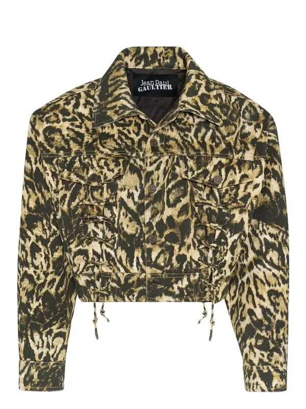 JEAN PAUL GAULTIER Cropped Denim Jacket With Lacing Detail - Leopard Print