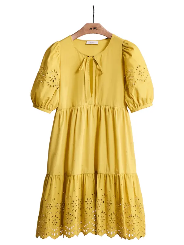 COACH® Restored Broderie Anglaise Puff Sleeve Organic Cotton Dress - Yellow