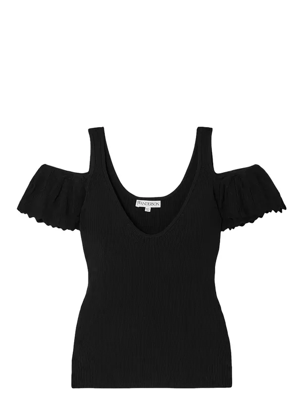 JW Anderson Cold-shoulder Ruffled Ribbed-knit Tank - Black
