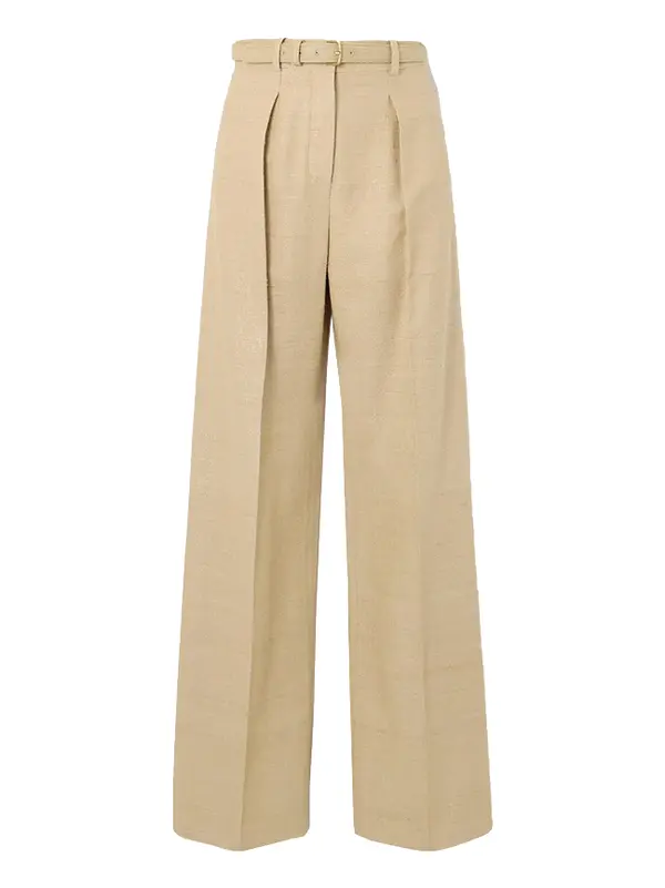 Loro Piana Edward Belted Raw Silk Pants - Neutrals
