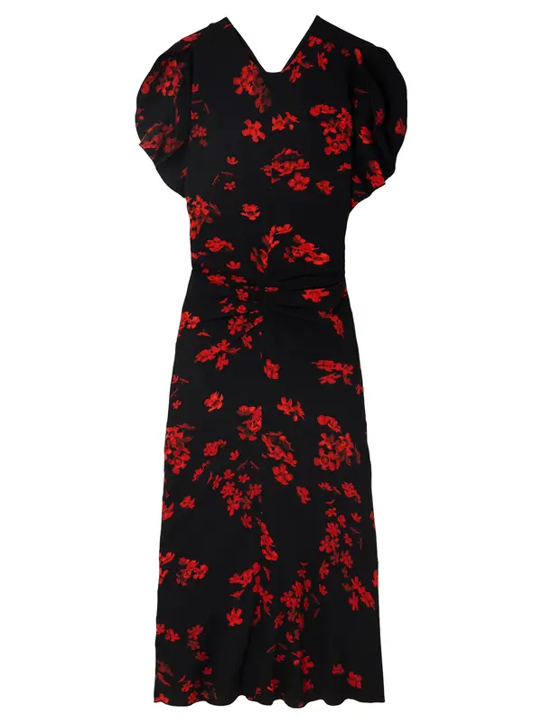 Victoria Beckham Gathered Floral-print Crepe Midi Dress - Multi