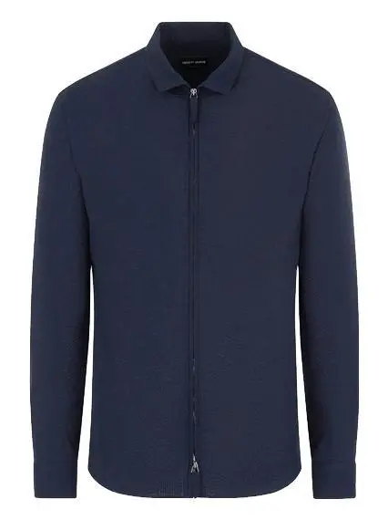 Giorgio Armani Slim-fit Cotton Seersucker Shirt With Zip - Blue