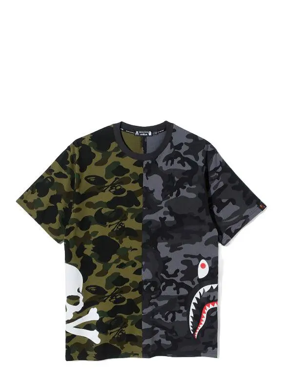 A BATHING APE Vs Mastermind Skull Shark Split Camo Tee Shirt - Green/black