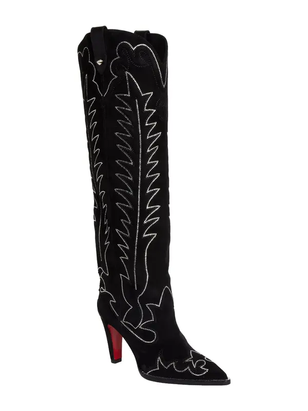 CHRISTIAN LOUBOUTIN Santia Crystal Beaded Knee High Western Boots - Black/bk Luc