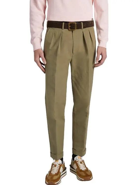 TOM FORD Cotton Sateen Pleated Tapered-leg Trousers - Olive