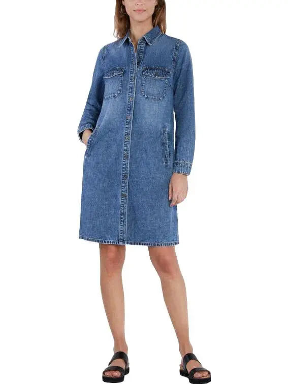 WASH LAB DENIM Long Sleeve Shirt Dress - Trace Blue
