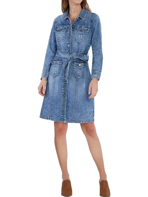 WASH LAB DENIM Eleanor Belted Shirt Dress - Clear Blue