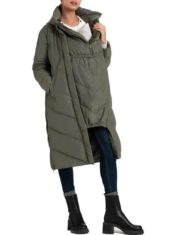 Seraphine Long Maternity Down & Feather Fill Puffer Coat With Babywearing Panel - Khaki