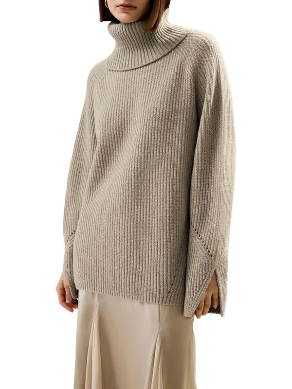 Lilysilk Oversized Merino Wool Fisherman's Rib Pullover With Slit Sleeves - Brown