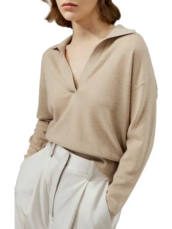 Lilysilk V-neck Cashmere Polo Sweater - Beige