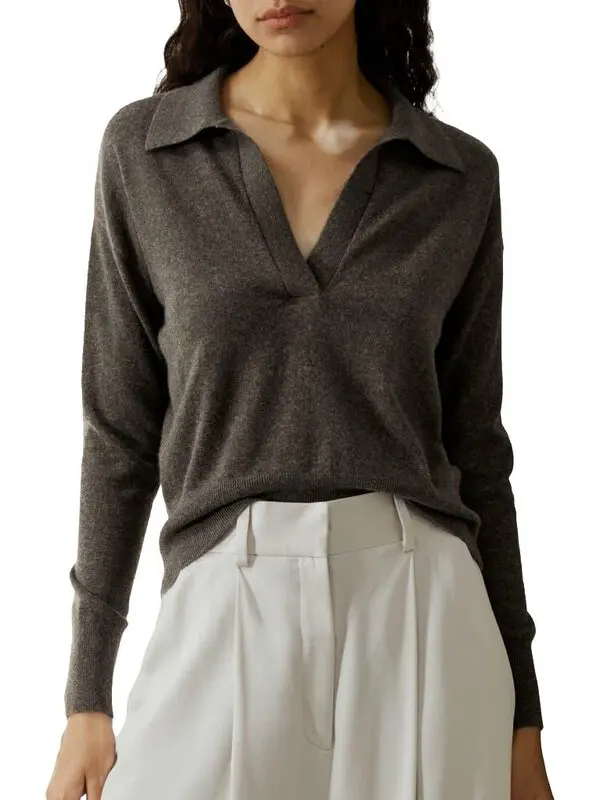 Lilysilk V-neck Cashmere Polo Sweater - Brown