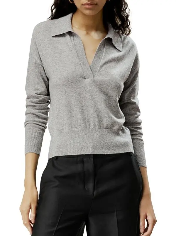 Lilysilk V-neck Cashmere Polo Sweater - Light Gray