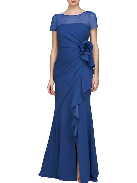Js Collections Rosette Detail Mermaid Gown - Blue Quartz