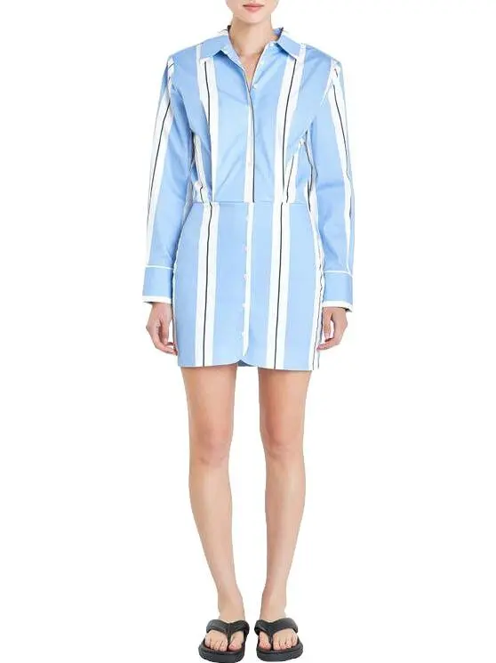 GREY LAB Stripe Power Shoulder Shirt Dress - Powder Blue/ White