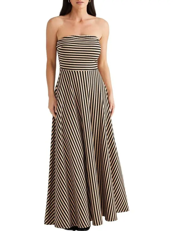 BRAVE+TRUE Thandie Stripe Strapless Maxi Dress - Tan With Black Stripe