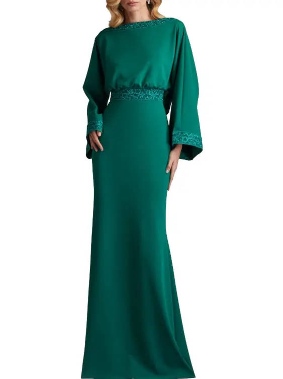 Tadashi Shoji Drape Back Crepe Gown - Emerald
