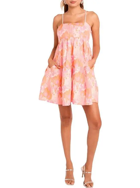 Endless Rose Floral Jacquard Organza Babydoll Mini Dress - Orange/ Pink