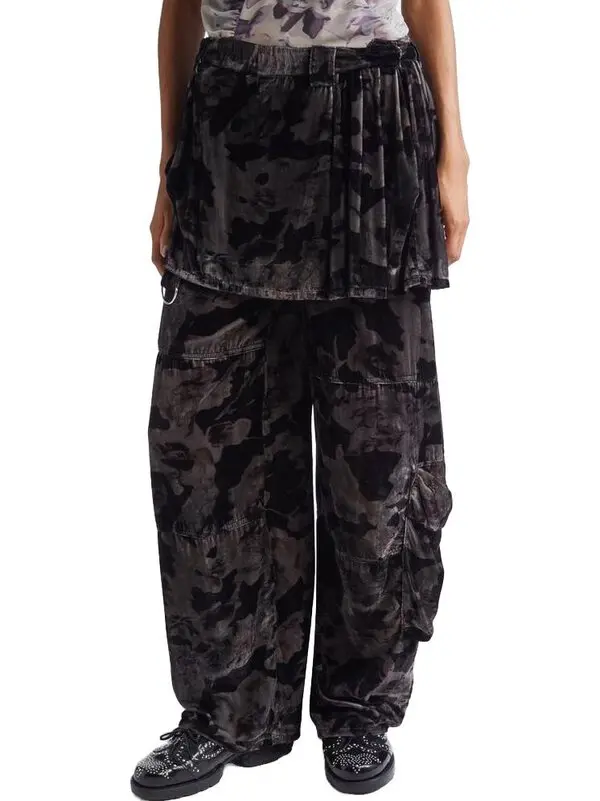 Collina Strada Lawn Plaid Cargo Pants With Skirt Overlay - Black Watercolor Roses