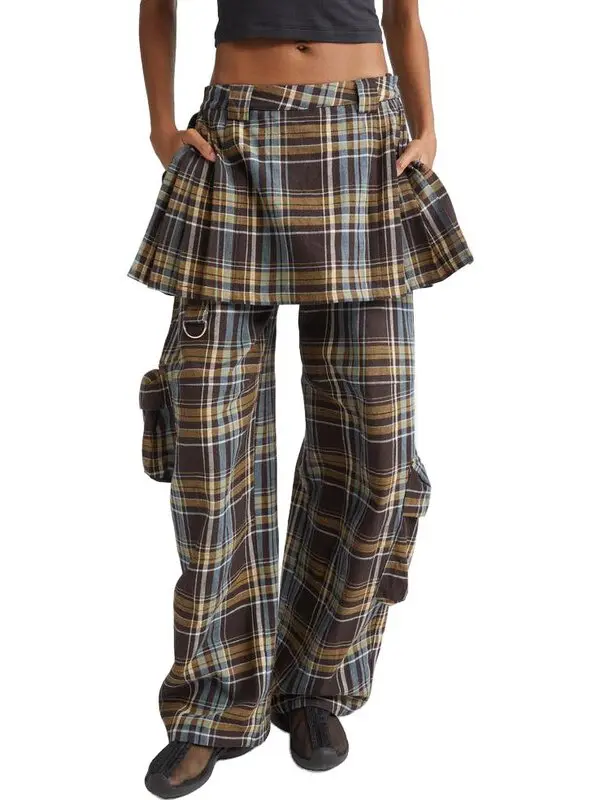 Collina Strada Lawn Plaid Cargo Pants With Skirt Overlay - Loam Plaid