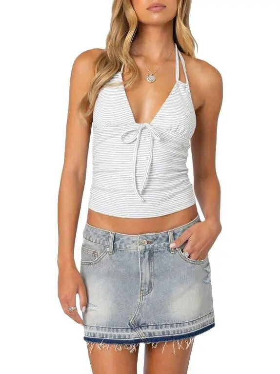 EDIKTED Lanai Stripe Crop Halter Top - Gray