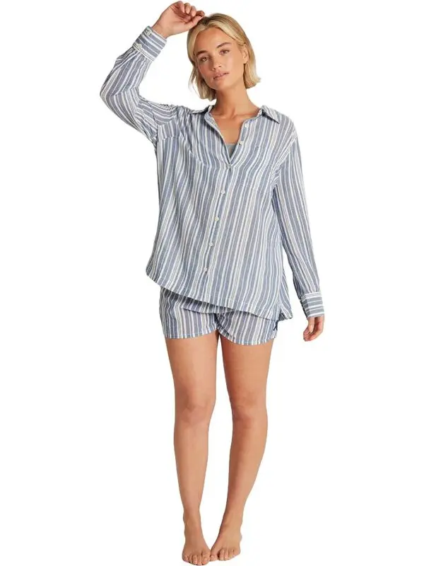 NUDEA The Relaxed Button Up Midi Shirt - Navy Blue Stripe
