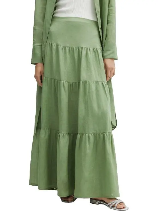 Mango Tiered Ramie Maxi Skirt - Green