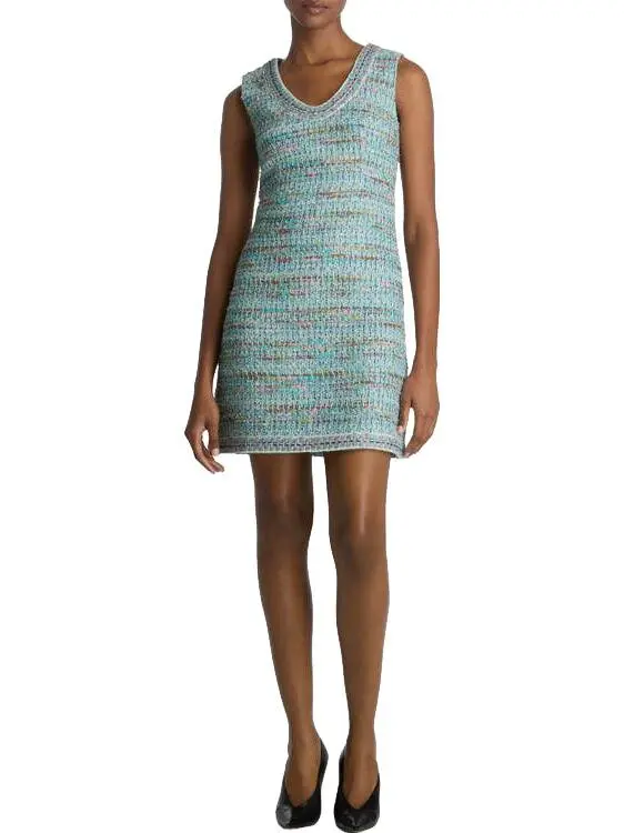 St. John Gauzy Multiyarn Metallic Tweed Minidress - Seafoam/ Ecru Multi