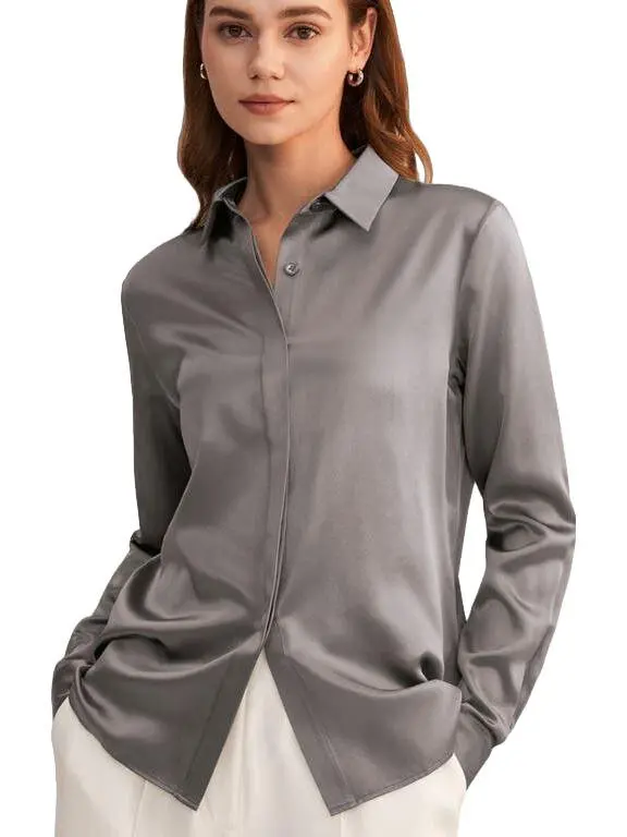Lilysilk Basic Concealed Placket Silk Shirt - Dark Gray