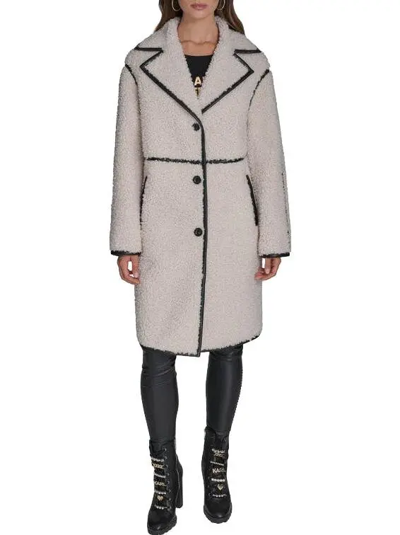 Karl Lagerfeld Paris Faux Shearling Coat - Ivory/black