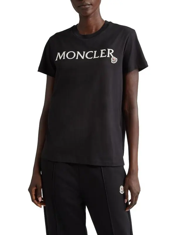 Moncler Logo Embroidered Cotton T-shirt - Black