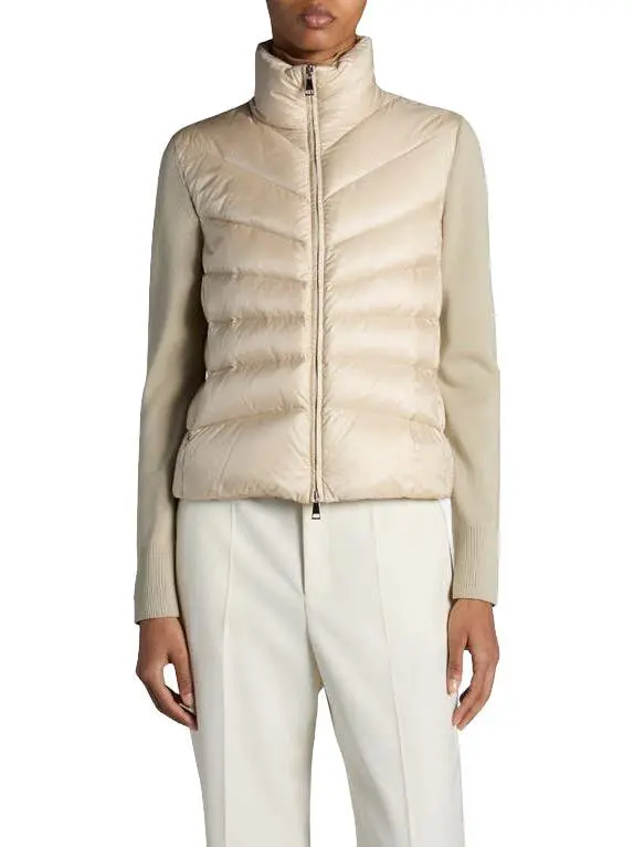 Moncler Quilted Down And Wool Knit Cardigan - Beige