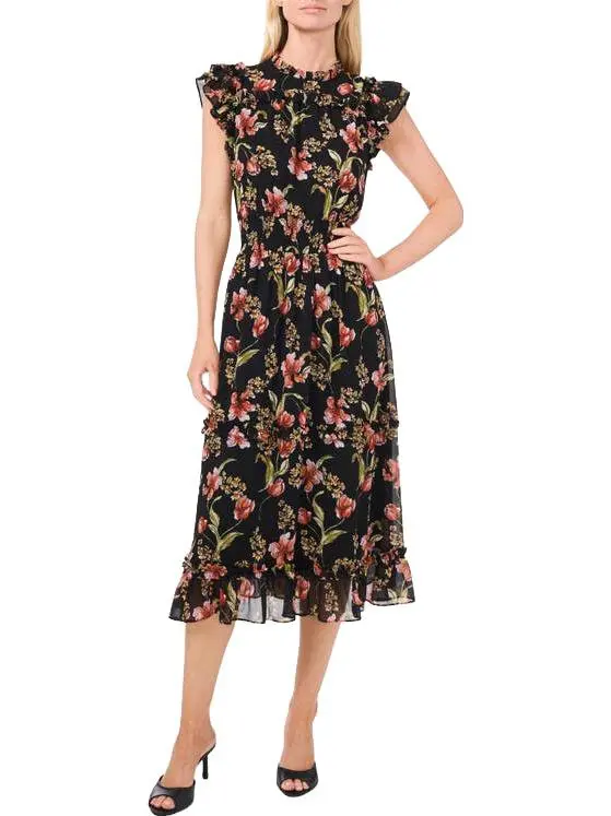 CECE DUPRAZ Floral Flutter Sleeve Midi Dress - Rich Black