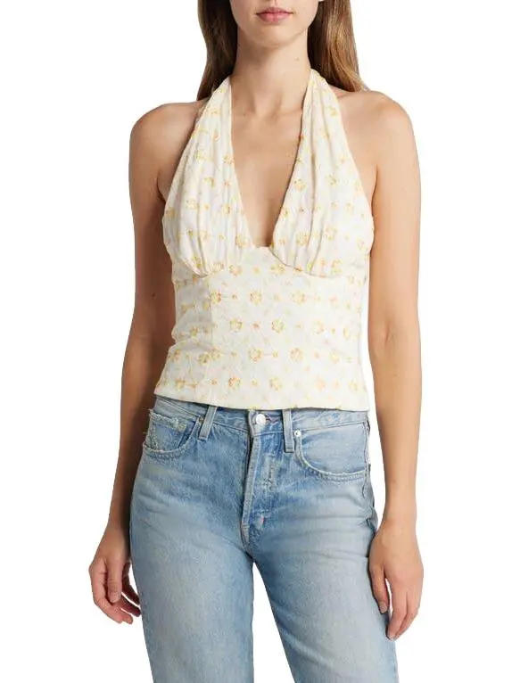 MISTRESS ROCKS Floral Embroidered Halter Top - Cloud