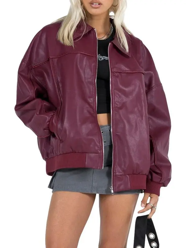 Princess Polly Goldsmith Faux Leather Bomber Jacket - Dark Red