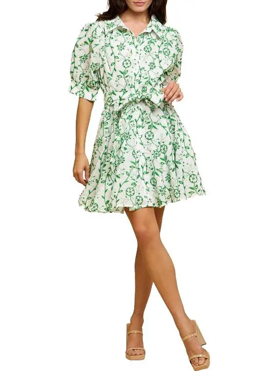 CIEBON Emilie Embroidered Belted Mini Shirtdress - White/ Green
