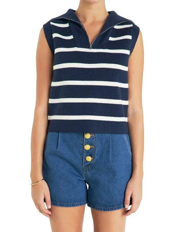 English Factory Stripe Sleeveless Half Zip Sweater - Navy/ Ivory