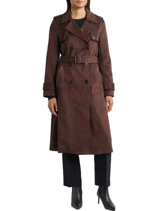 Bcbgmaxazria Belted Double-breasted Faux Leather Trench Coat - Chocolate