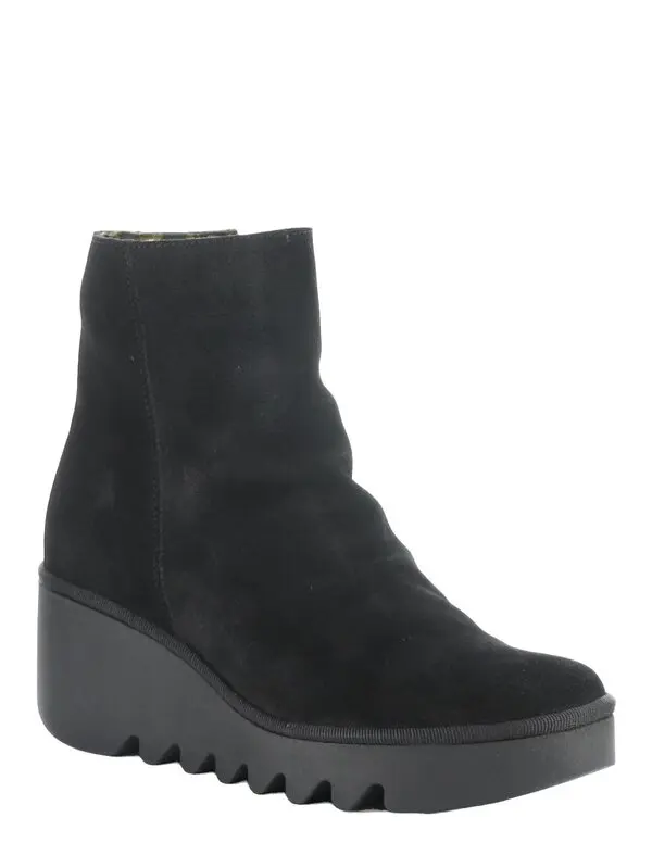 Fly London Baan Platform Wedge Bootie - 004 Black Oil Suede