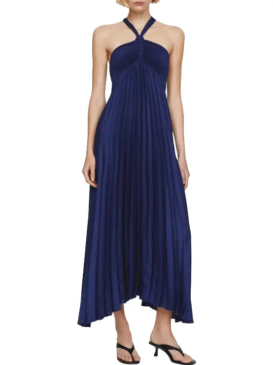 Mango Pleated Sleeveless Maxi Dress - Dark Blue